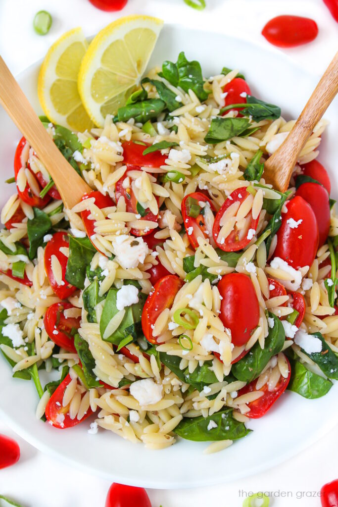 Orzo Spinach Feta Salad with Tomato (Easy!) - The Garden Grazer