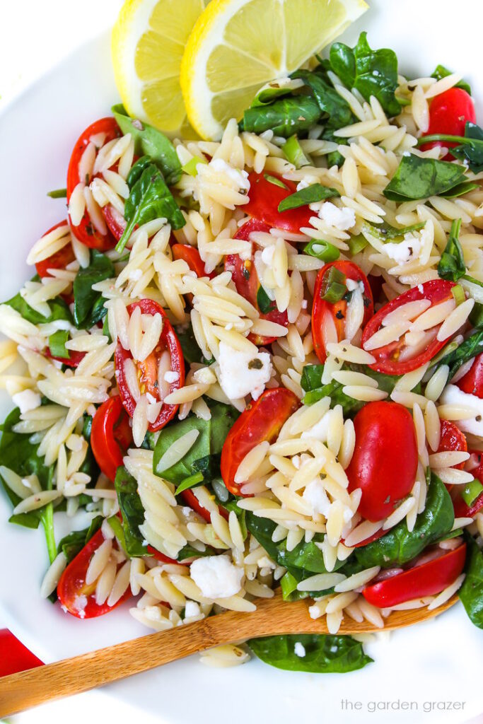 Orzo Spinach Feta Salad with Tomato (Easy!) - The Garden Grazer